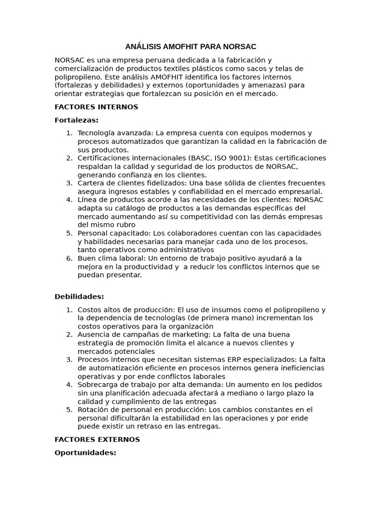 Análisis Amofhit para Norsac | PDF | Marketing | Planificación de ...