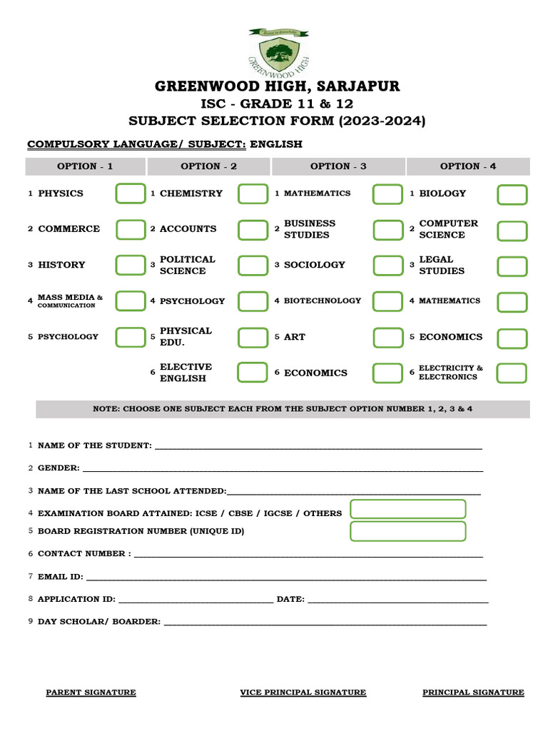 Isc Subject Selection Form 2023-2024 1 | PDF