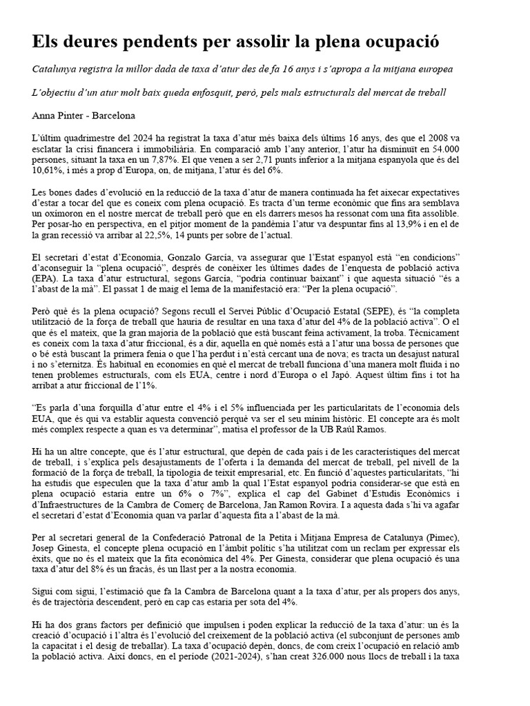 Els Deures Pendents Per Assolir La Plena Ocupació | PDF
