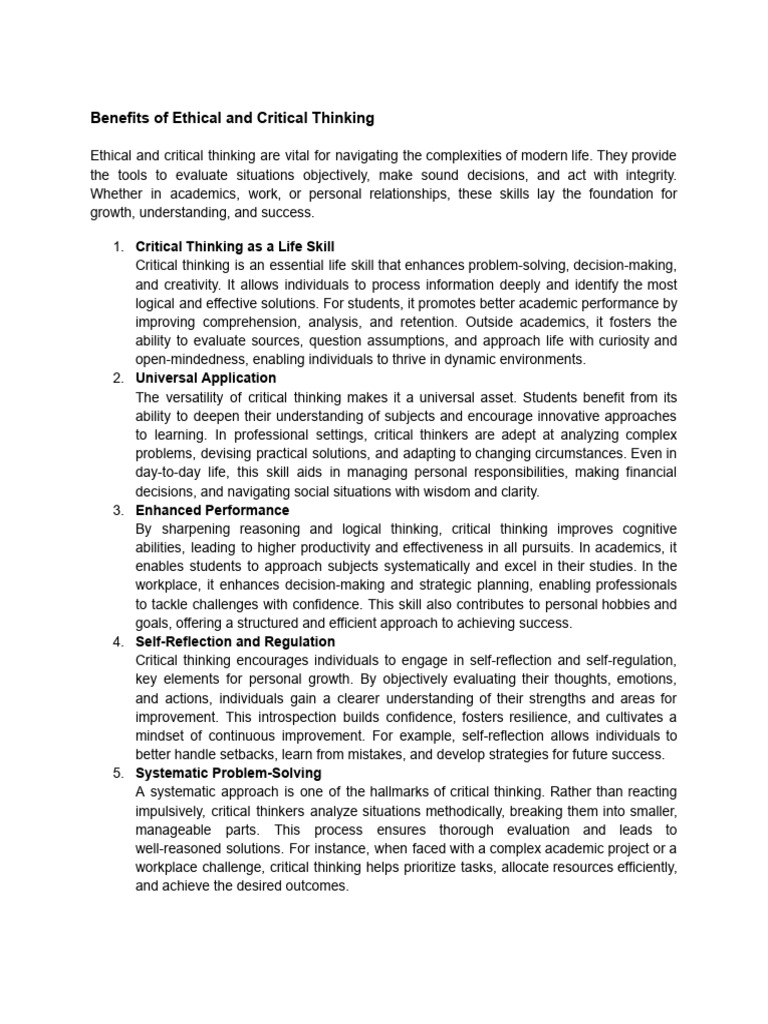Benefits of Ethical and Critical Thinking | PDF | Critical Thinking ...