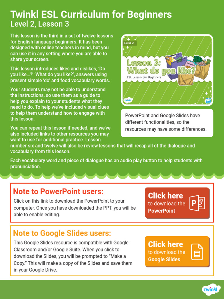 ESL Level 2 Lesson 3: Likes and Dislikes | PDF