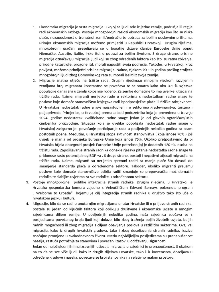 Ekonomska Migracija Je Vrsta Migracije U Kojoj Se Ljudi Sele Iz Jedne Zemlje | PDF