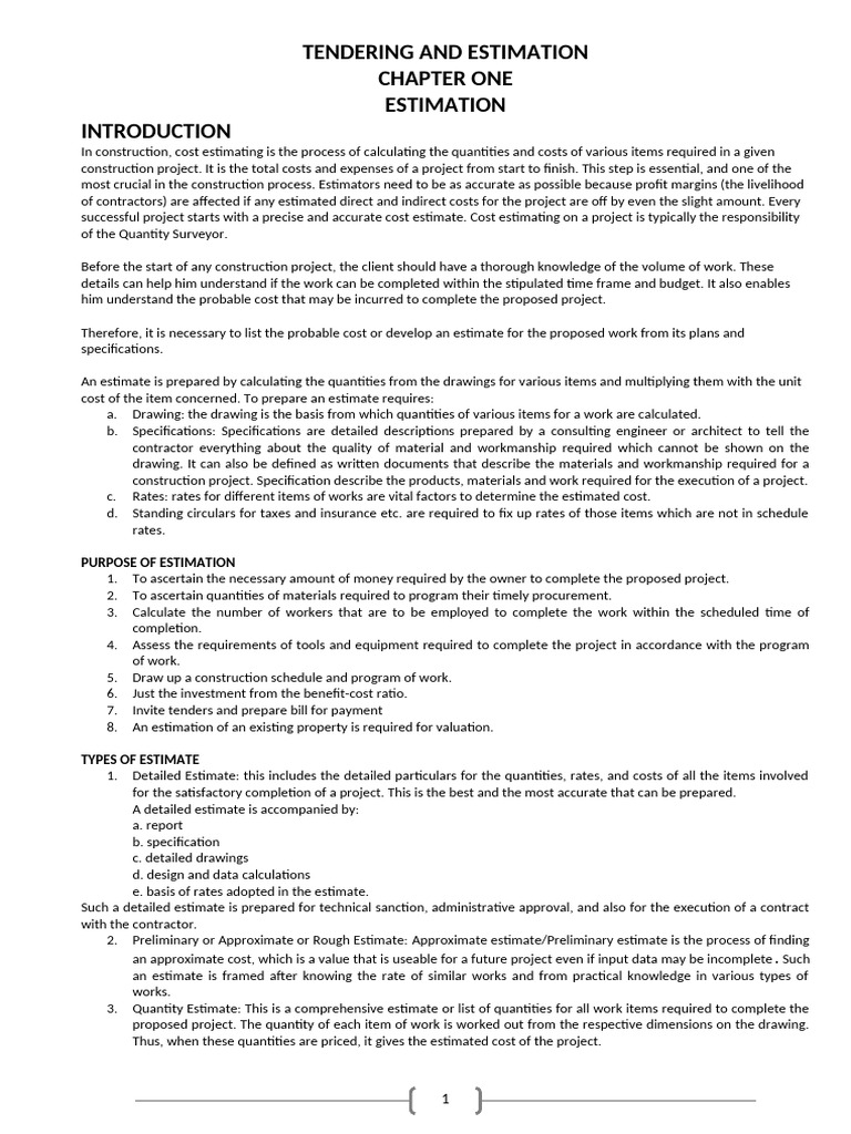 Estimation and Tendering | PDF | Specification (Technical Standard)