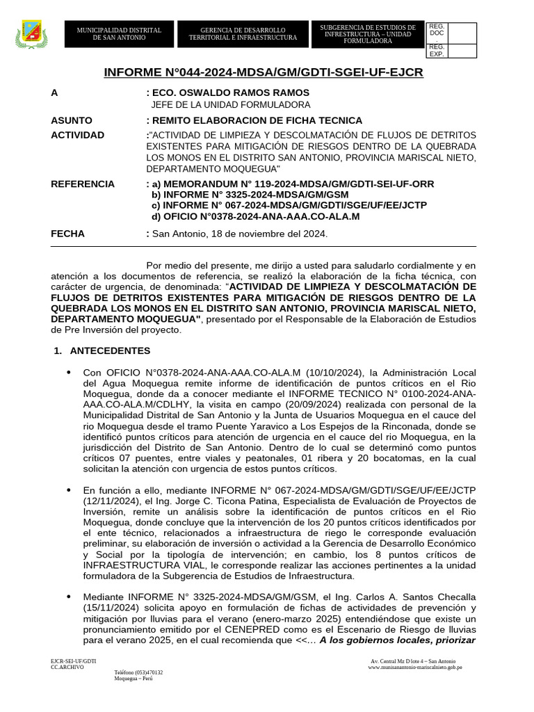 Informe 044 - Remito Ficha Tecnica Quebrada Monos | PDF | Presupuesto | Economias