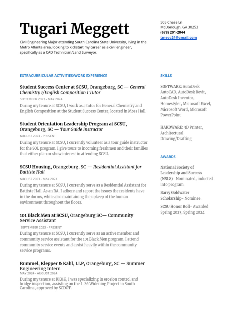 Civil Engineering Student Profile: Tugari Meggett | PDF | Autodesk