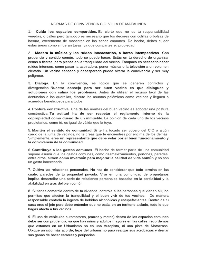 NORMAS DE CONVIVENCIA Cc. Villas de Matalinda | PDF | Condominio