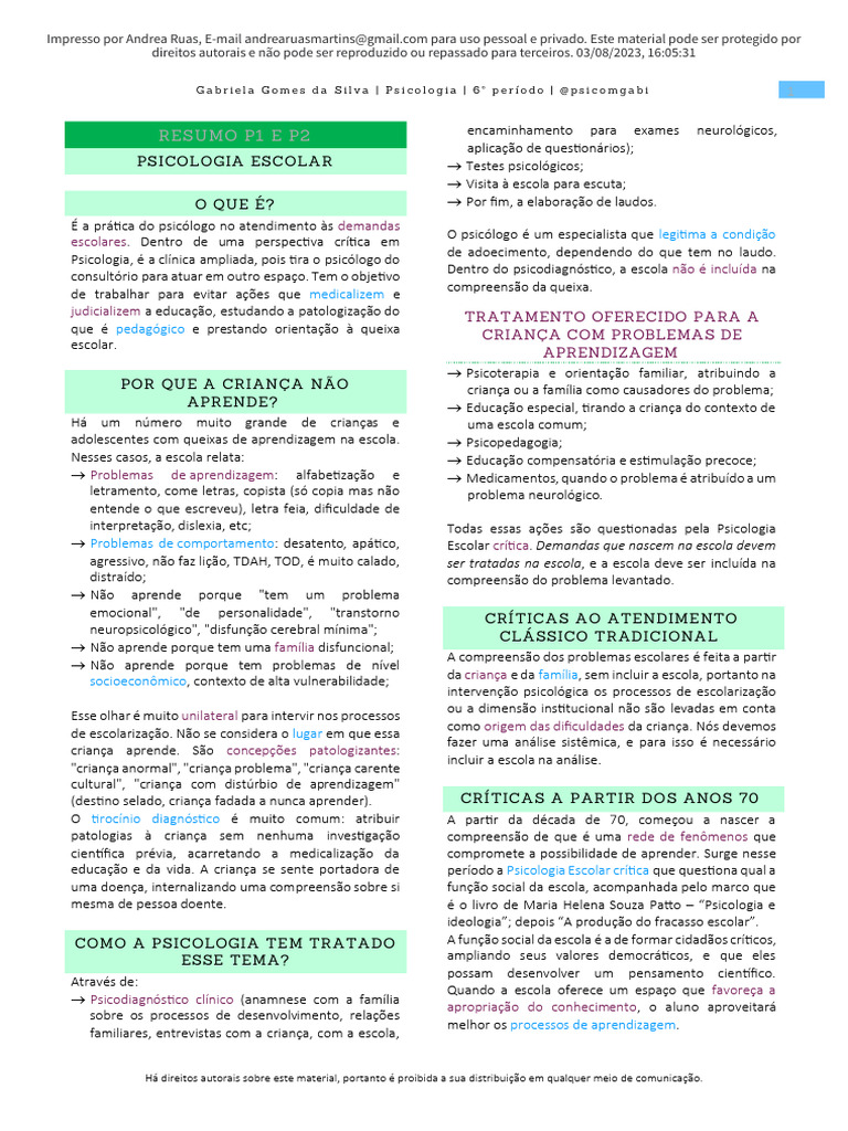 Resumo NP1 e NP2 - Psicologia Escolar | PDF | Psicologia | Aprendizado