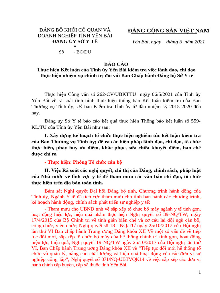 De Cuong Bao Cao TH C Hien LK Kiem Tra Cua Tinh Uy 2021 | PDF