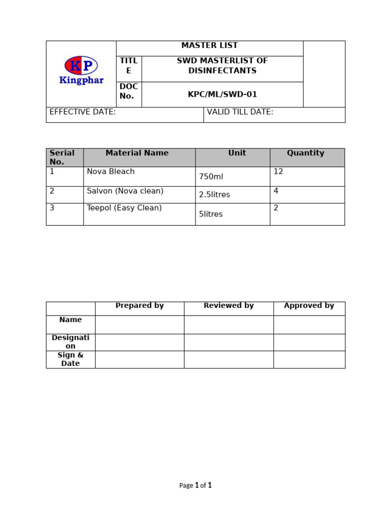 Disinfectants Master List Document | PDF