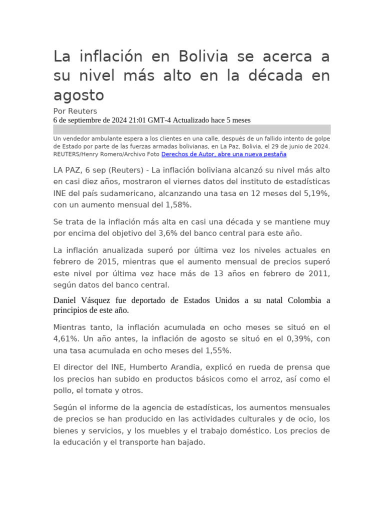Inflación en Bolivia alcanza récord en 2024 | PDF