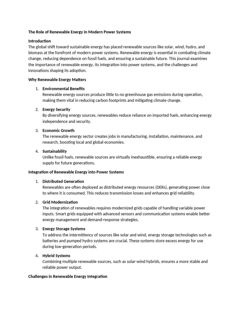 The Role of Renewable Energy in Modern Power Systems | PDF | Renewable ...