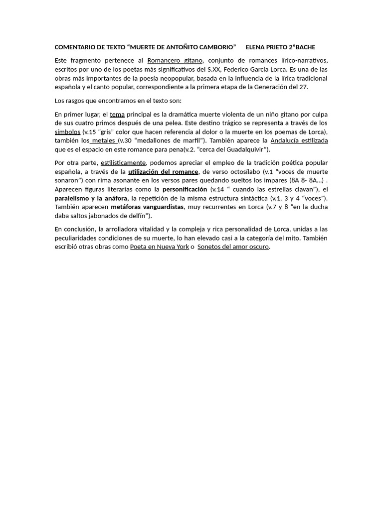 Comentario de Texto Muerte de Antoñito Camborio Elena Prieto | PDF