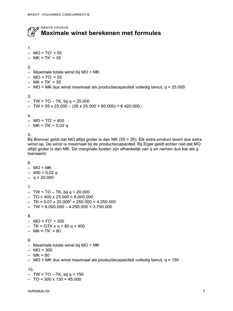 Maximale Winst Met Formules Antwoorden | PDF