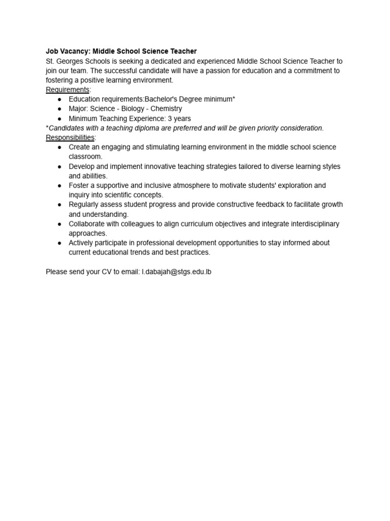 Middle School Science Teacher Job Opening | PDF