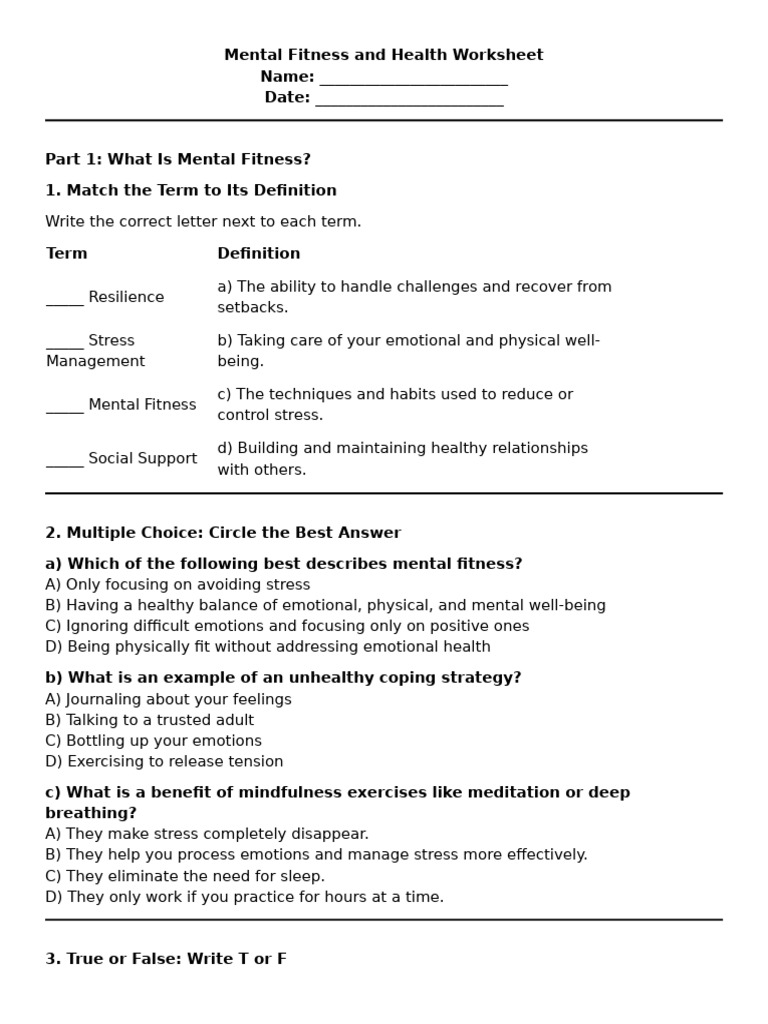 Mental Fitness Worksheet for Health | PDF | Physical Fitness | Mental ...