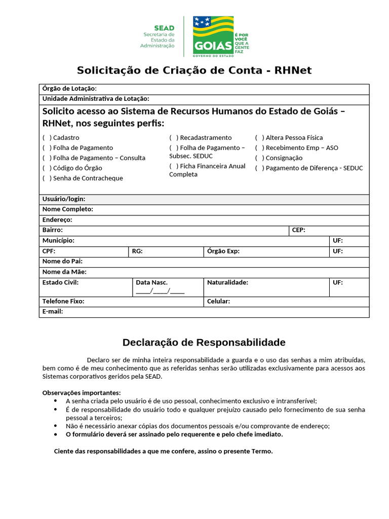 Ficha Cadastral RHnet Formulario Do SEI | PDF