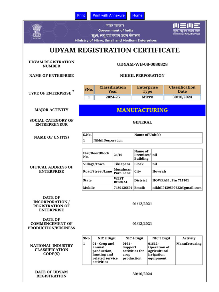 Print - Udyam Registration Certificate | PDF