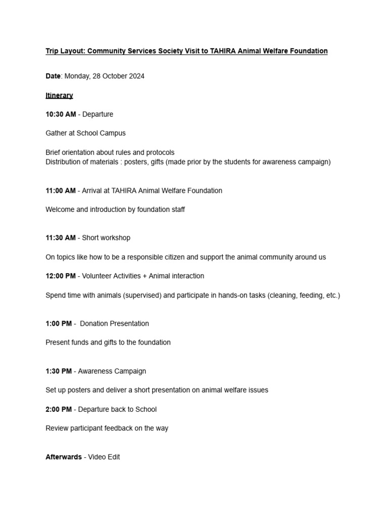 Trip Layout - Community Services Society Visit To TAHIRA Animal Welfare ...