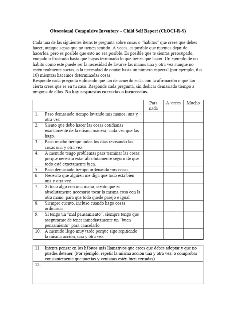 TOC Obsessional Compulsive Inventory - Autoinforme | PDF | Pensamiento