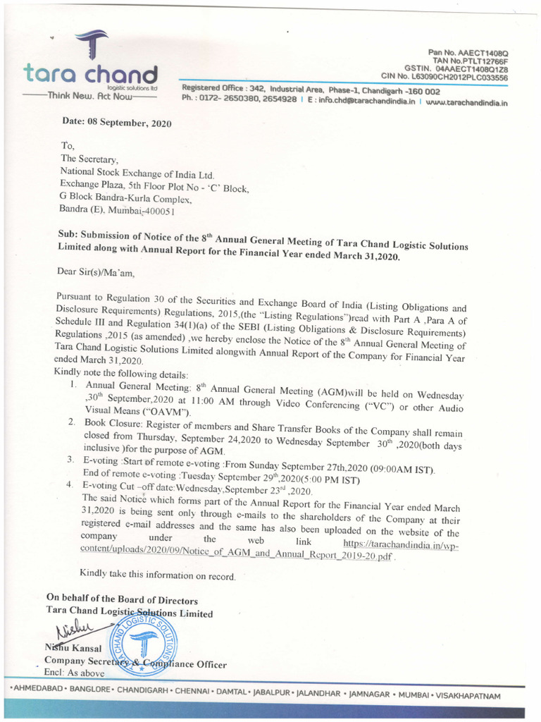 Tara Chand Logistics AGM Notice 2020 | PDF | Electronic Voting | Password