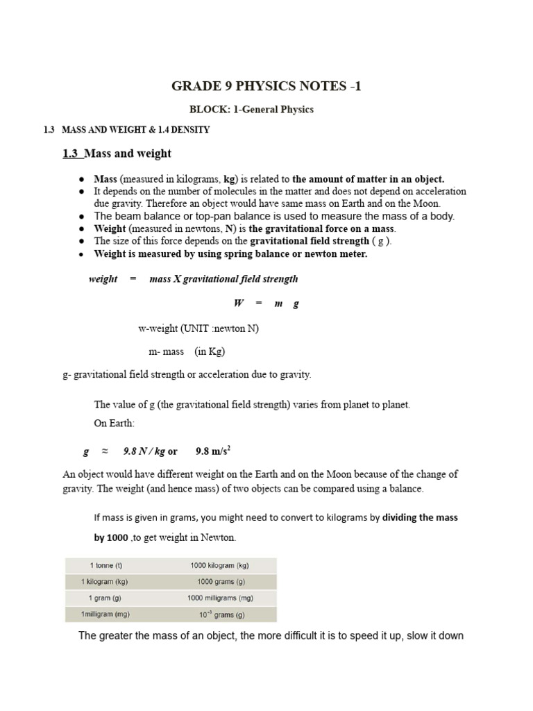 Grade 9 Physics: Mass, Weight, Density | PDF | Weight | Density