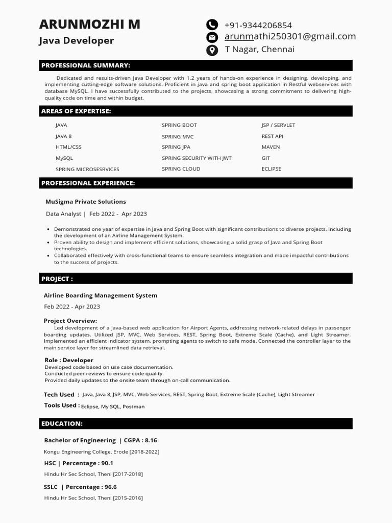 Arunmozhi - M - Resume - 22 Batch - 1-2 Exp - Referrer Sivasankar | PDF | Java (Programming ...