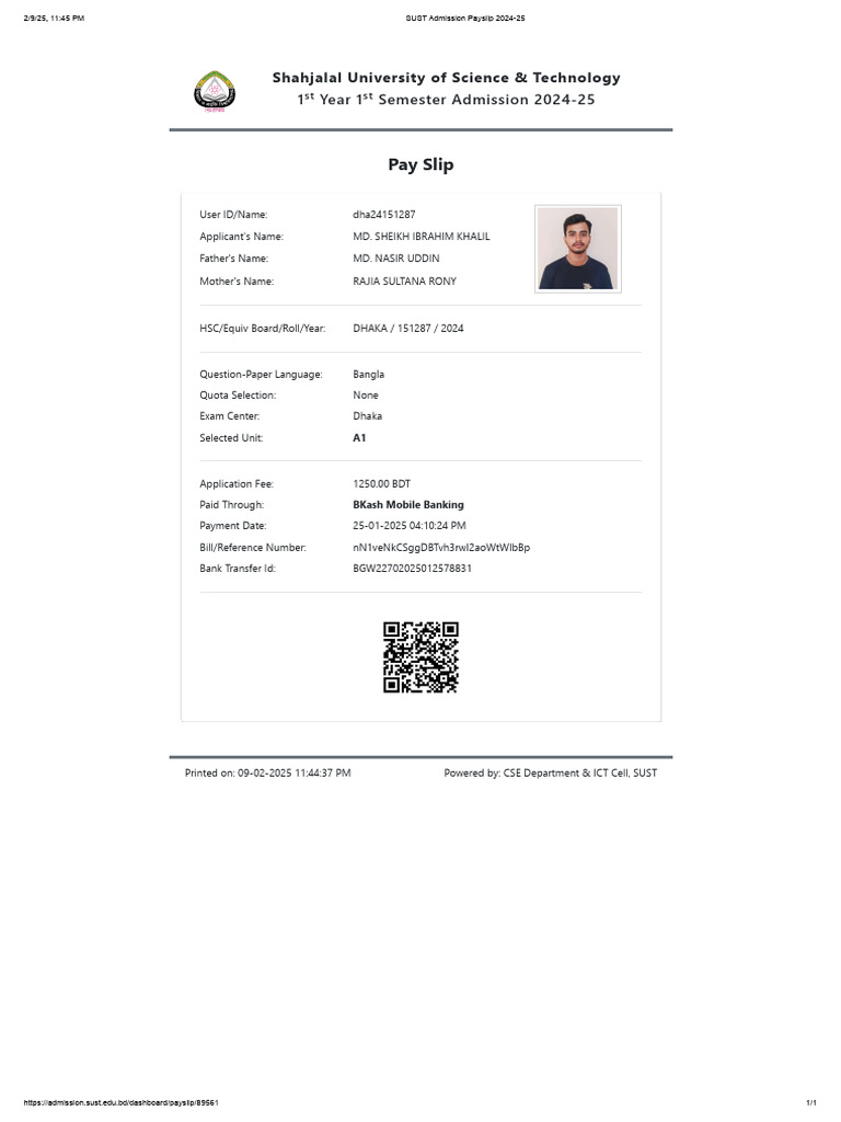 SUST Admission Payslip 2024-25 | PDF