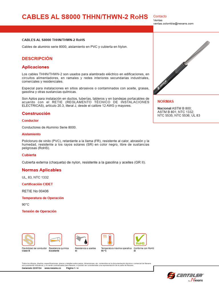 109FT Ficha Tecnica Cable Serie 8000 Aluminio | PDF | Conductor electrico | Aislador (Electricidad)