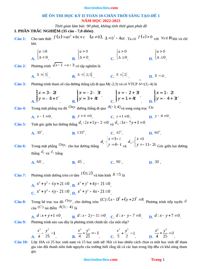 Bo de Thi HK2 Toan 10 CTST Giai Chi Tiet | PDF
