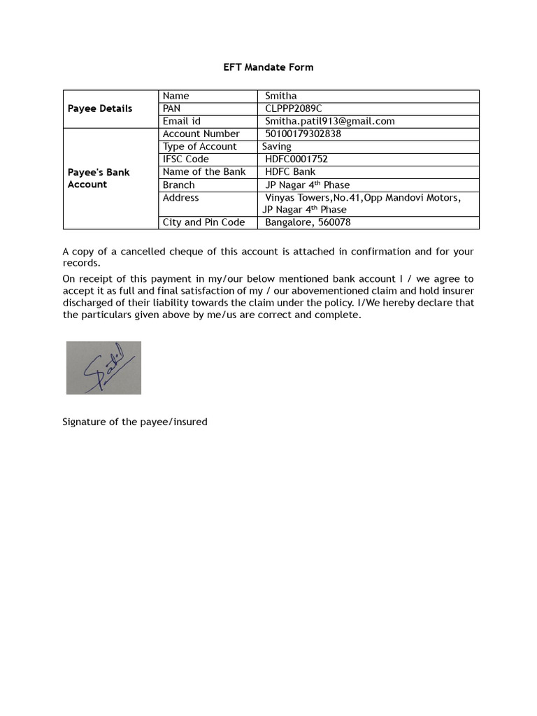 EFT Mandate Form | PDF