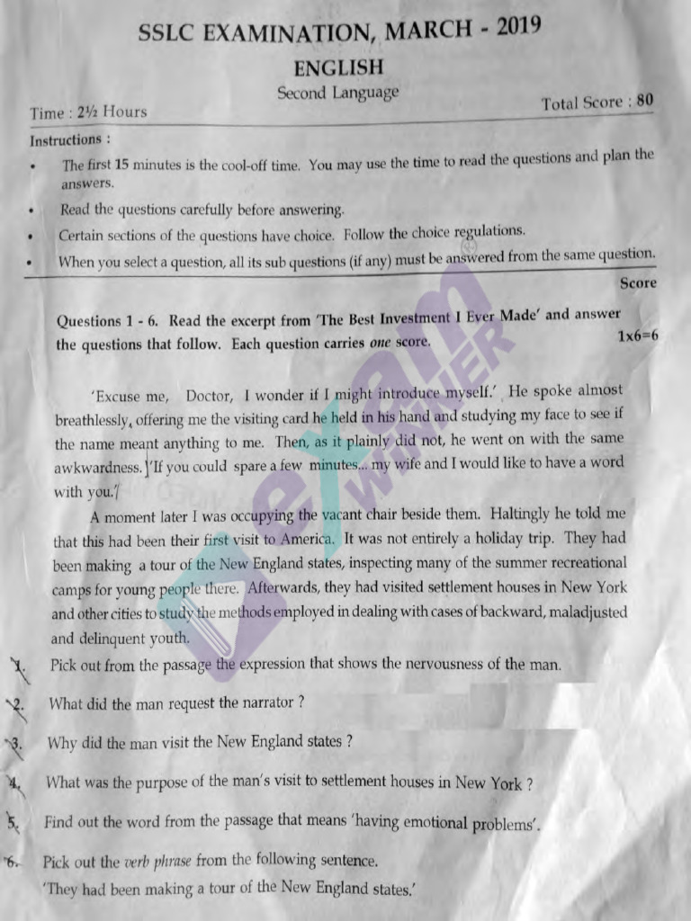 ENGLISH Question Paper Kerala SSLC Exam March 2019 Watermark | PDF