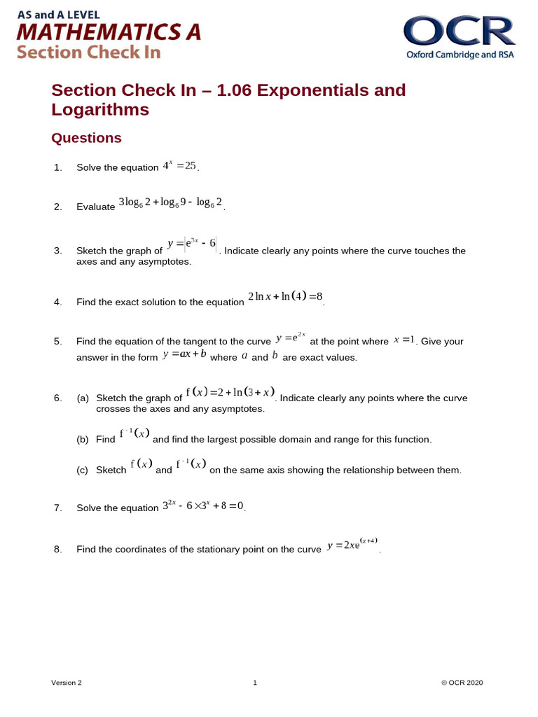 Section Check in 1.06 Exponentials and Logarithms | PDF | Logarithm ...