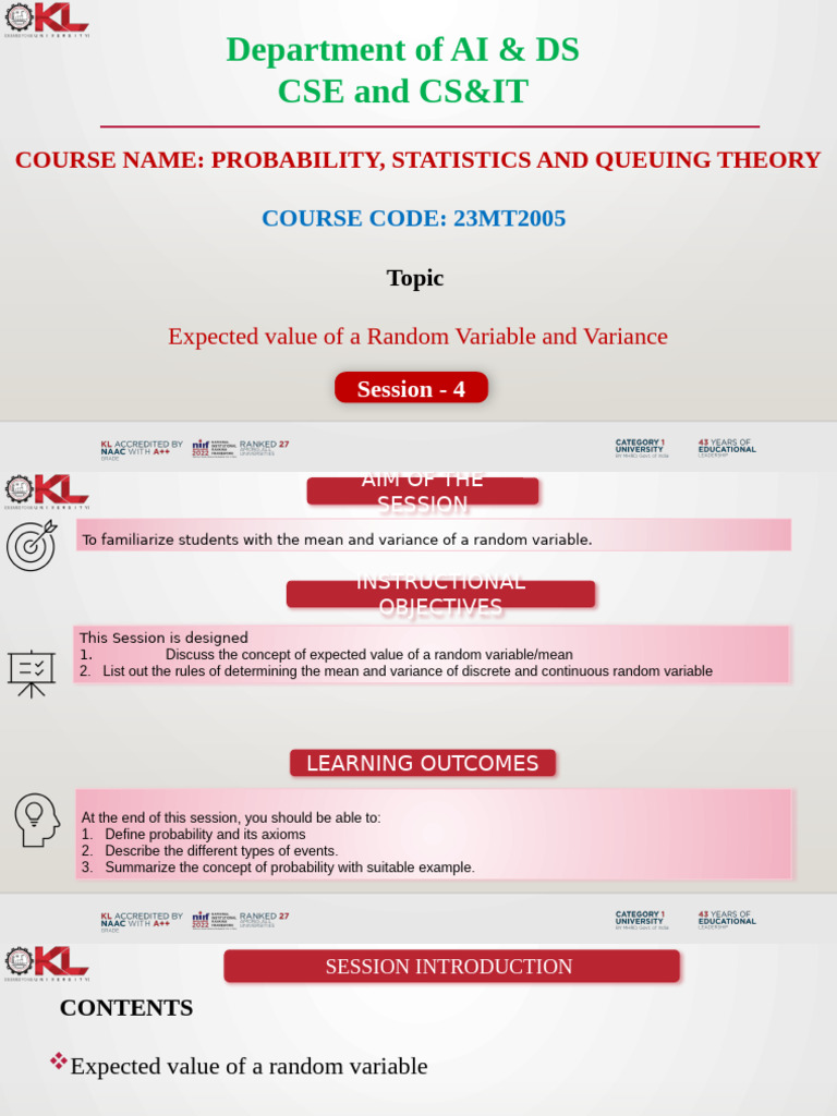 23MT2005-Session 4 Expected Value and Variance | PDF | Probability Distribution | Expected Value