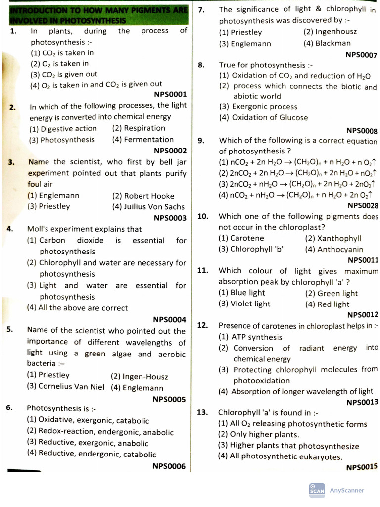 Practice Question Photosynthesis and Respiration | PDF