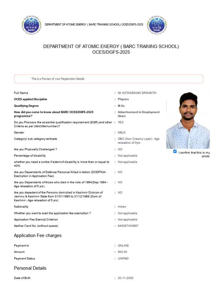 BARC OCES/DGFS-2025 Registration Details | PDF