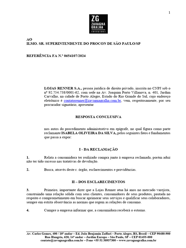 Resposta da Renner ao PROCON SP | PDF