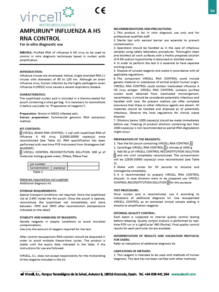 Ai - Amplirun Influenza A H5 Rna Control - MBC052 - En-23070 | PDF ...