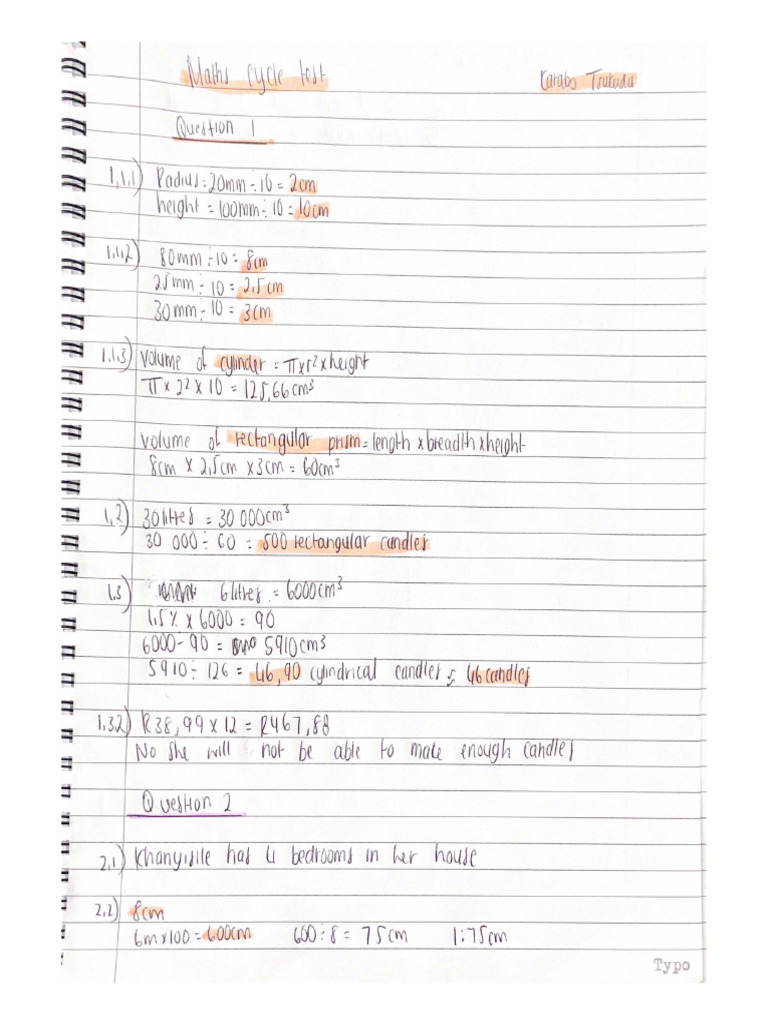 Maths Cycle Test - Karabo Tsukudu | PDF