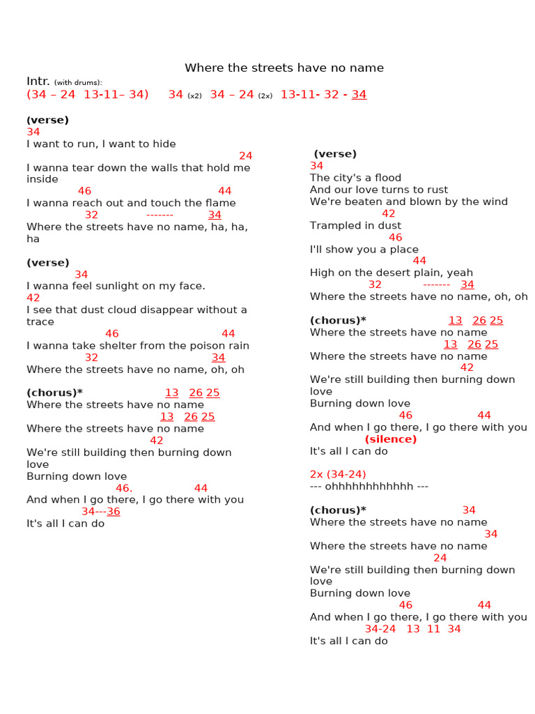 Where the Streets Have No Name Lyrics | PDF
