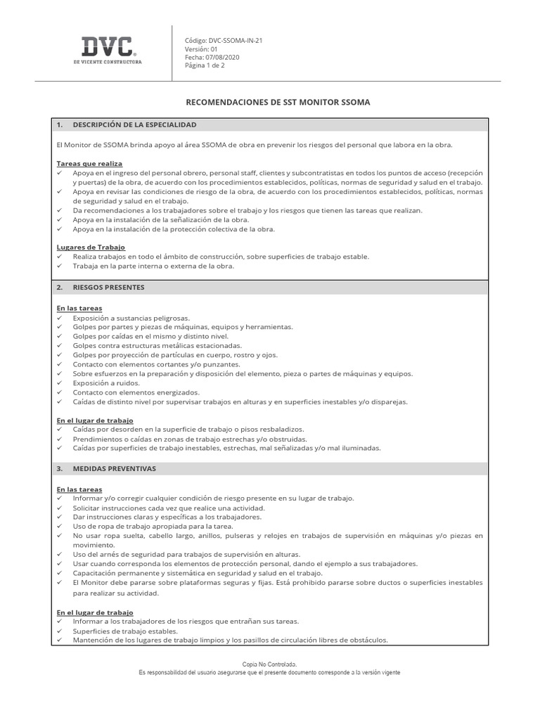 DVC-SSOMA-IN-21 Recomendaciones de SST Monitor SSOMA Ver.01 | PDF
