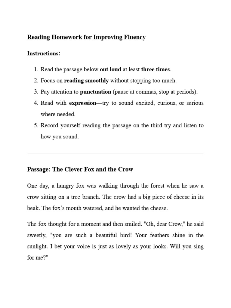 Reading Homework For Malia - Improving Fluency | PDF