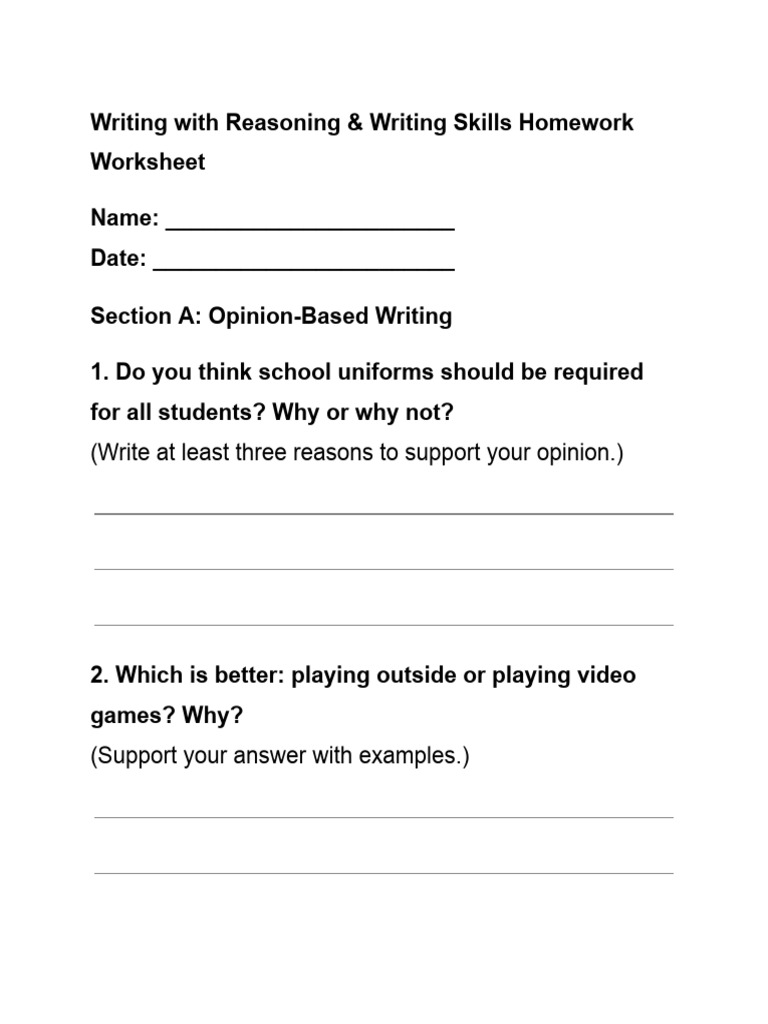 Grade 4 Writing with Reasoning & Writing Skills Homework Worksheet | PDF