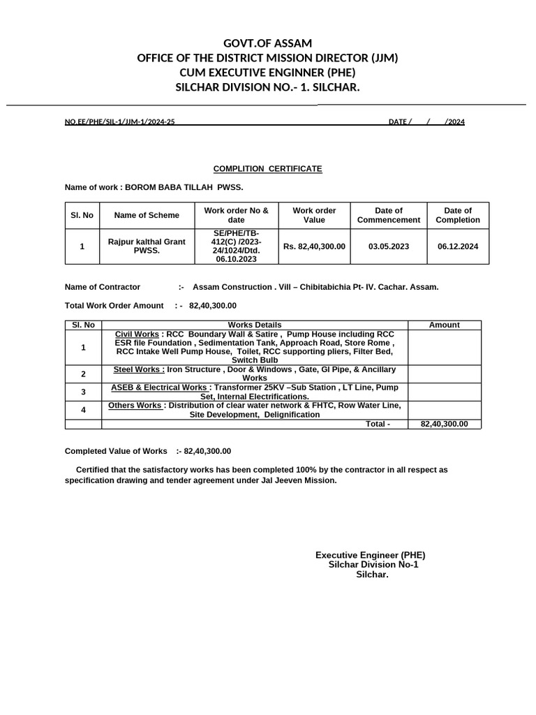 Complition certificate Format Jal Jiban Mission (PHE) Cachar | PDF