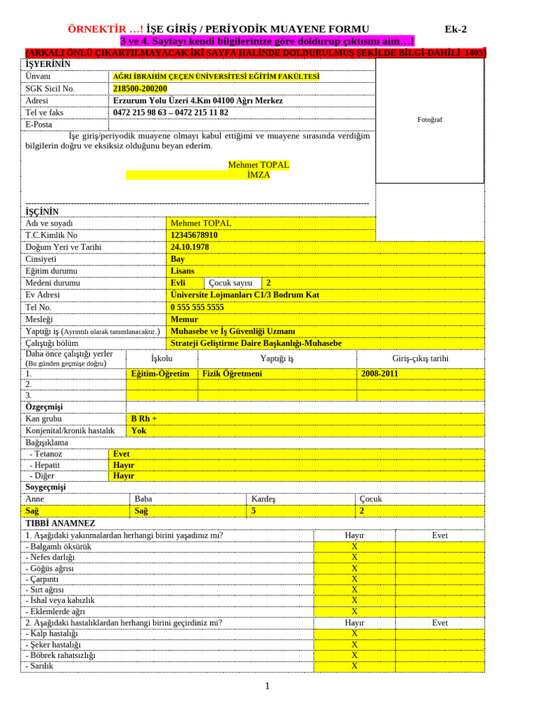 Periyodik Muayene Formu Ve Örnek Doldurma | PDF