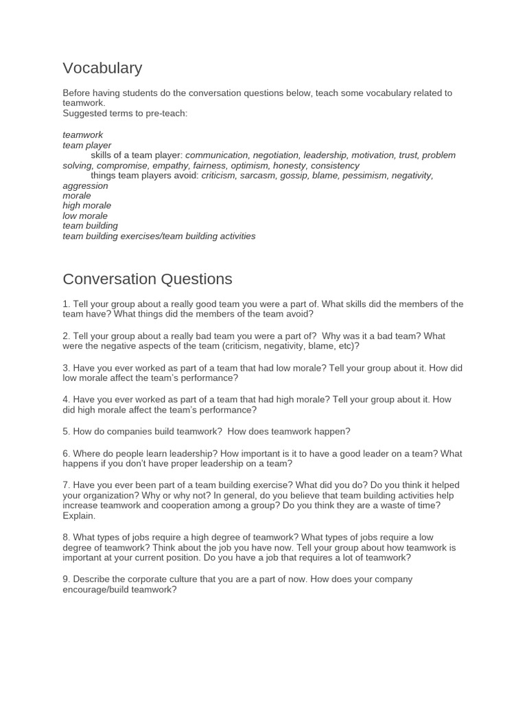 TEAMWORK - Vocabulary and Conversation Questions | PDF