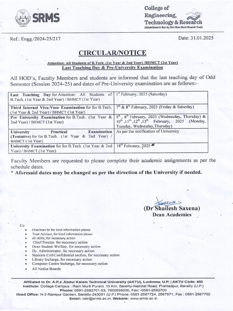 Notice Circular Regarding Last Teaching Day (I Yr & II Yr) | PDF