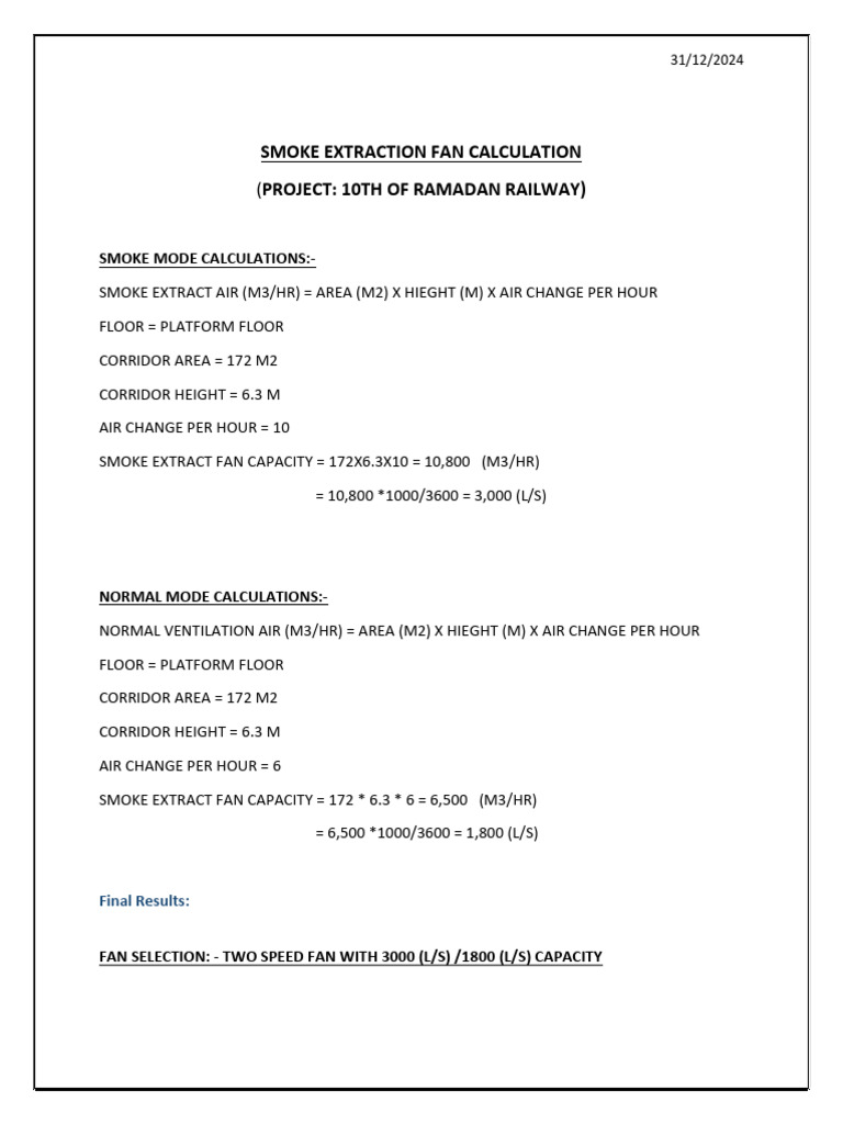 Smoke Extraction Fan Calculation Guide | PDF