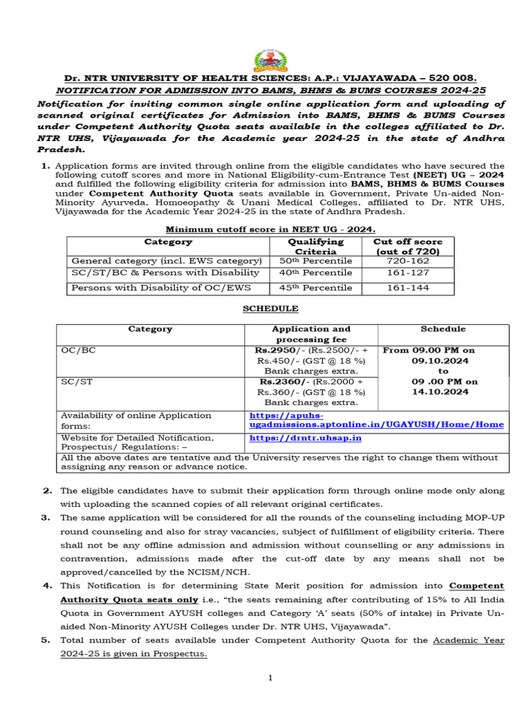 Notification For BAMS, BHMs & BUMS Courses 2024-25 | PDF