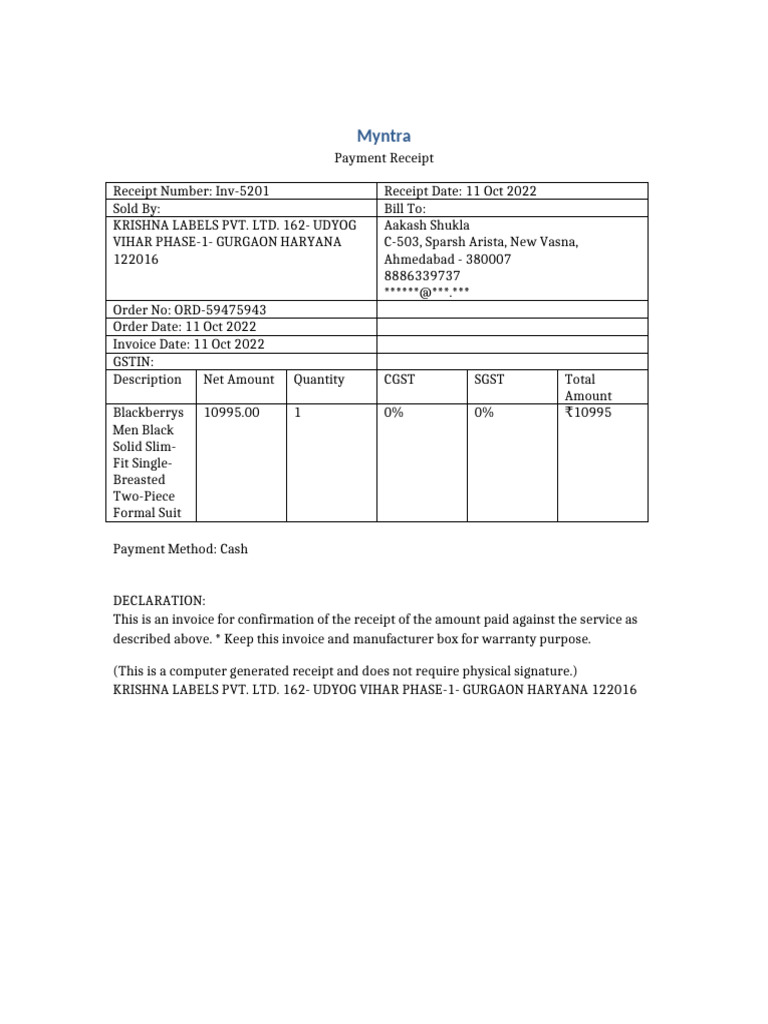 Myntra Payment Receipt for Formal Suit | PDF