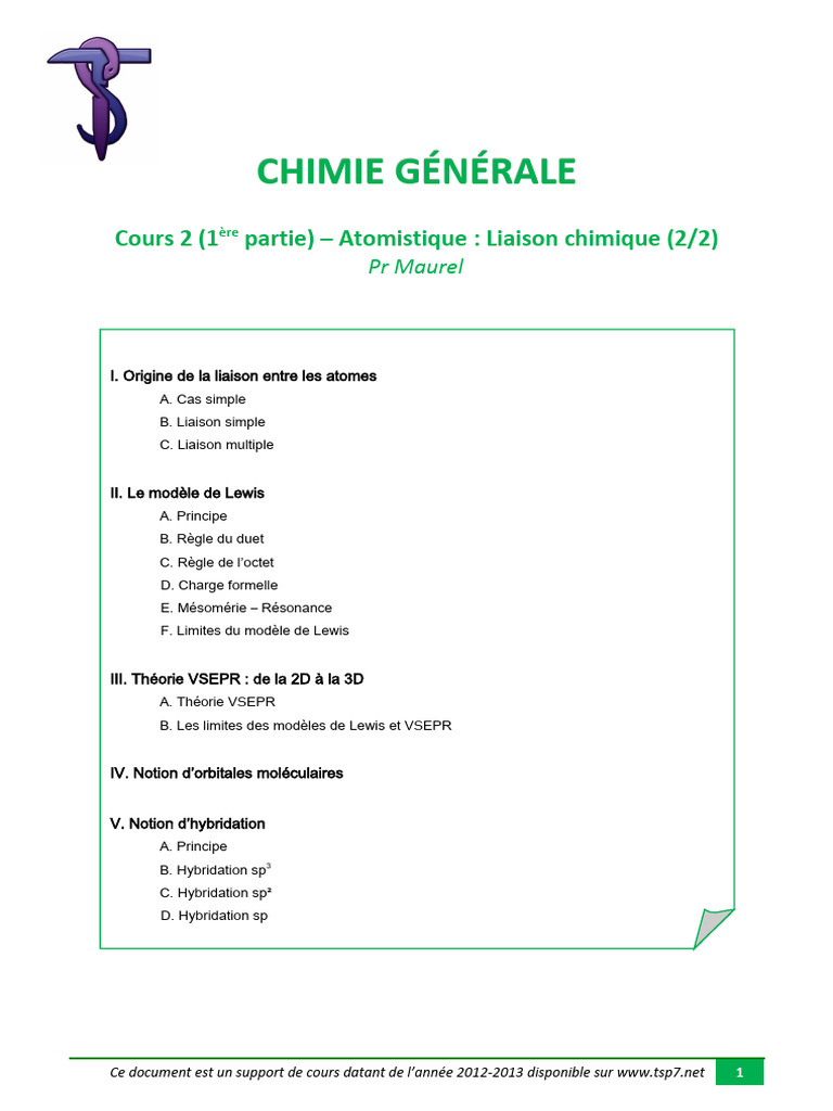 Cours 2 Partie 1 Liaison Chimique Atomistique 2 | PDF | Liaison chimique | Orbitale moléculaire